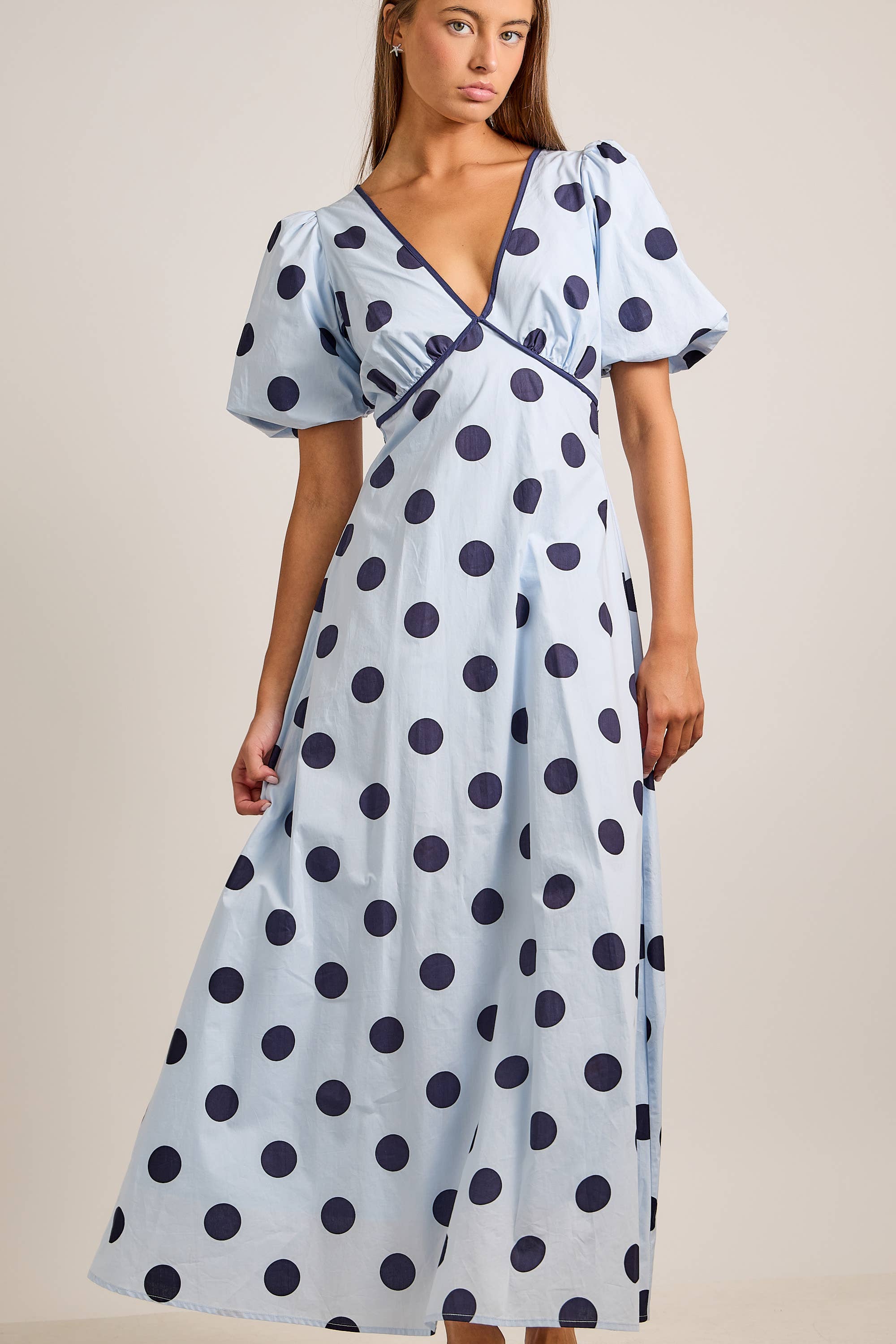 Main Strip - Deep V-neck Maxi Dress With Bubble Sleeves: BLUE MULTI ...